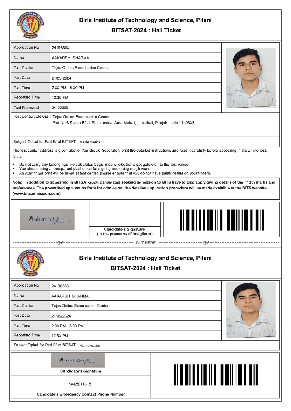 BITSAT-2024 Hall Ticket: Instructions and Test Details - Studocu