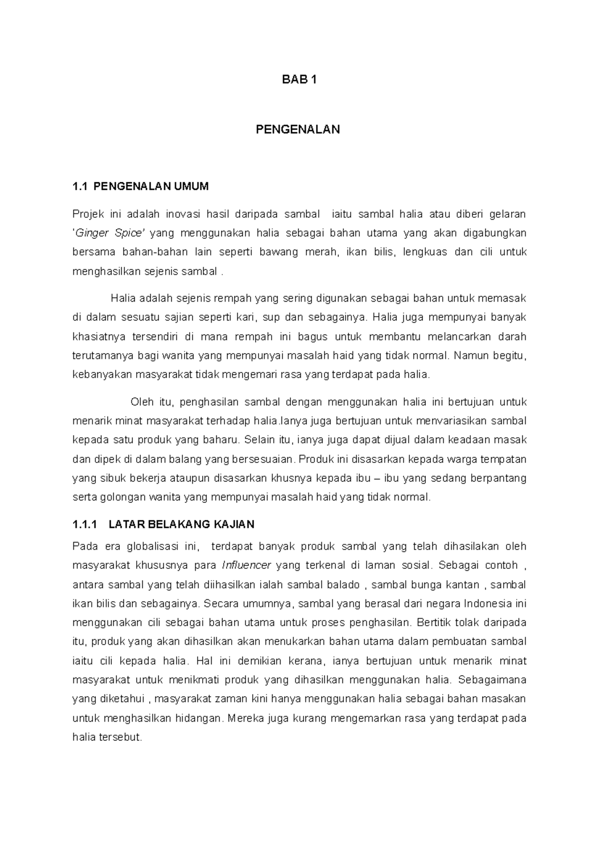 PTA BAB 1-3: Contoh Penulisan Projek "Ginger Spice" Tahun Akhir KV ...
