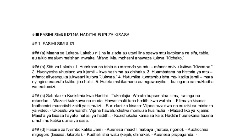Fasihi Simulizi: Hadithi Fupi na Maana ya Lakabu - Studocu