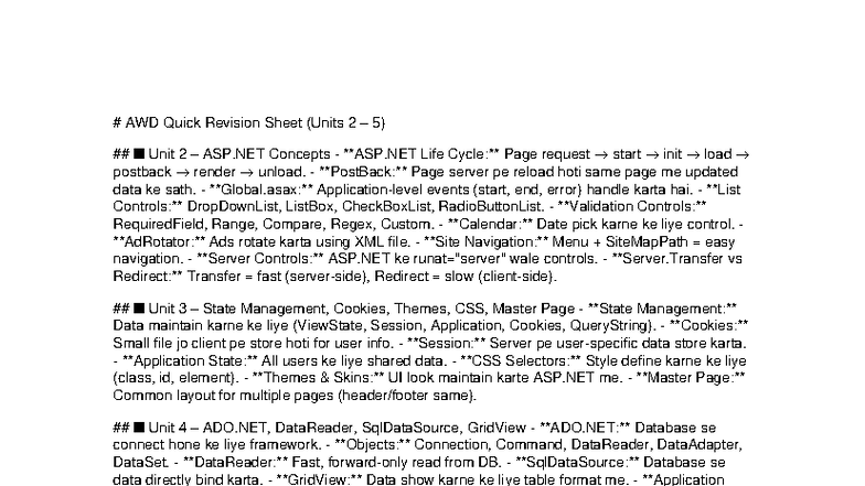 AWD Quick Revision Sheet: ASP.NET Concepts & State Management - Studocu