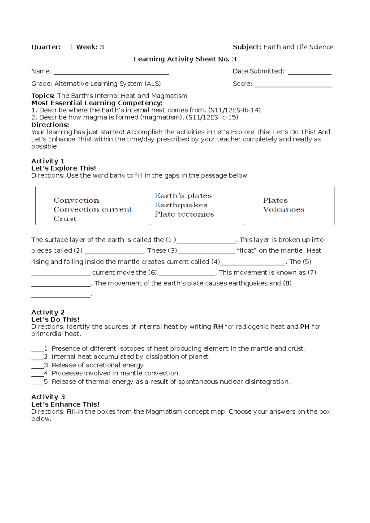 Learning Activity Sheet No. 3 for ELS: Earth’s Internal Heat ...