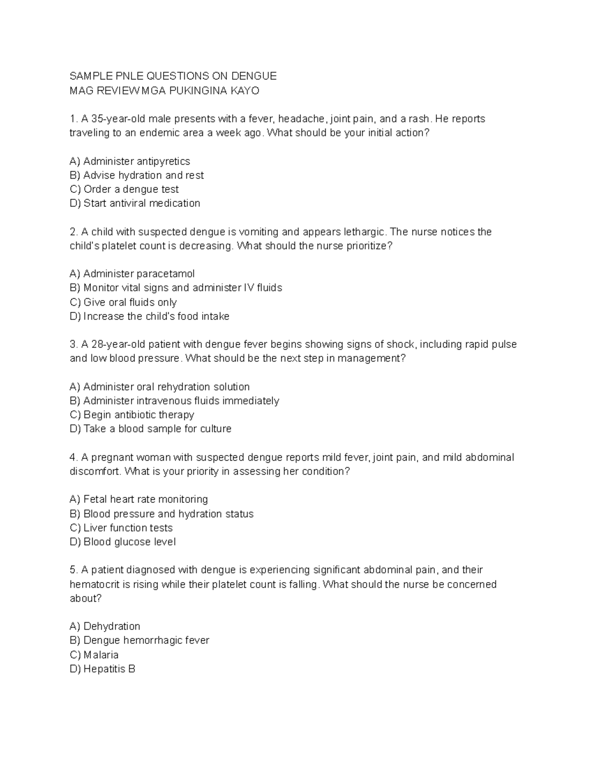 DENGUE PNLE SAMPLE QUESTIONS: NURSING MANAGEMENT & INTERVENTIONS - Studocu