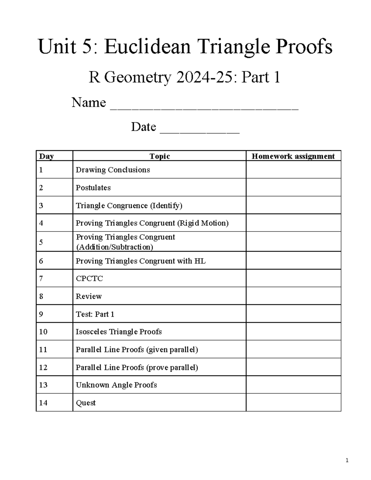 Unit 5: Geometry Triangle Proofs & Congruence Concepts R Geometry Part ...