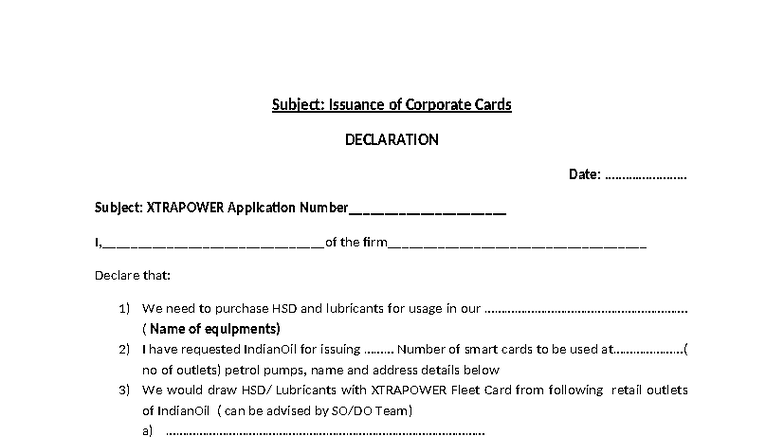 IOCL Declaration for Corporate Card Issuance Request - Studocu