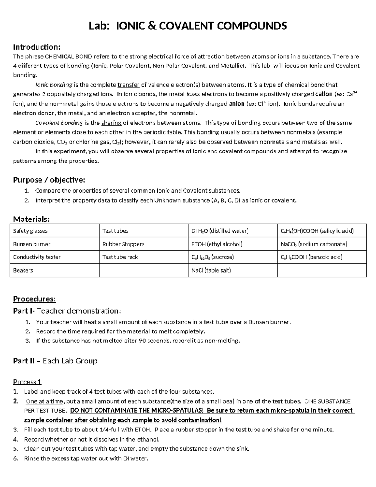 Ionic Covalent LAB - Lab: IONIC & COVALENT COMPOUNDS Introduction: The ...