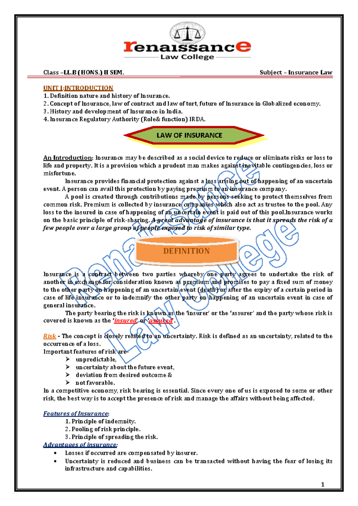 Insurance Law LL.B Hons: Study Materials and Key Concepts - Studocu