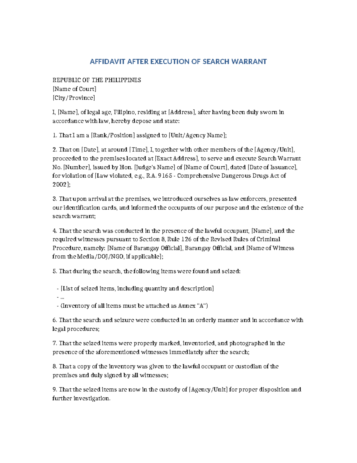 Affidavit After Execution of Search Warrant - Legal Procedure Guide ...
