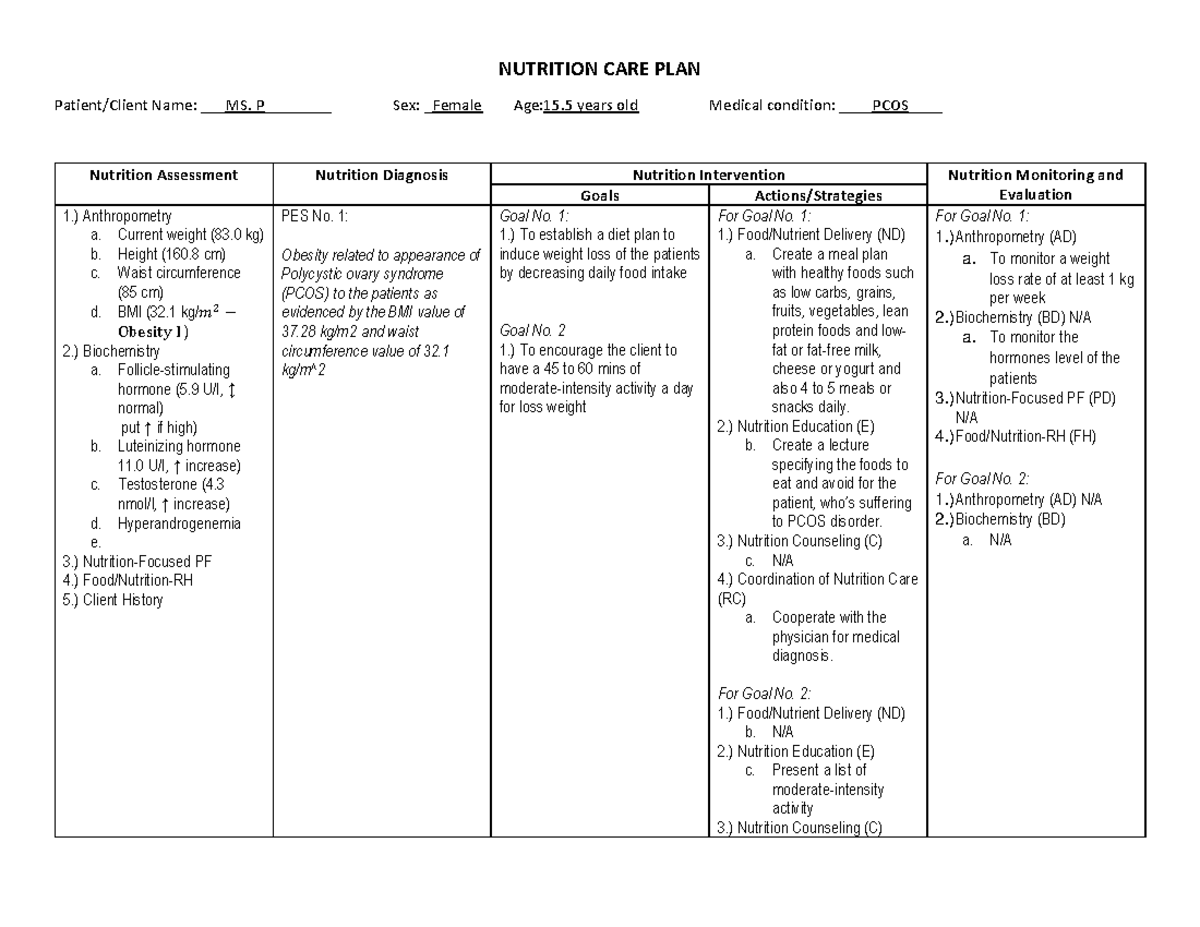 NCP PCOS sample - NUTRITION CARE PLAN Name: Nutrition Assessment 1.) Anthropometry a. Current ...