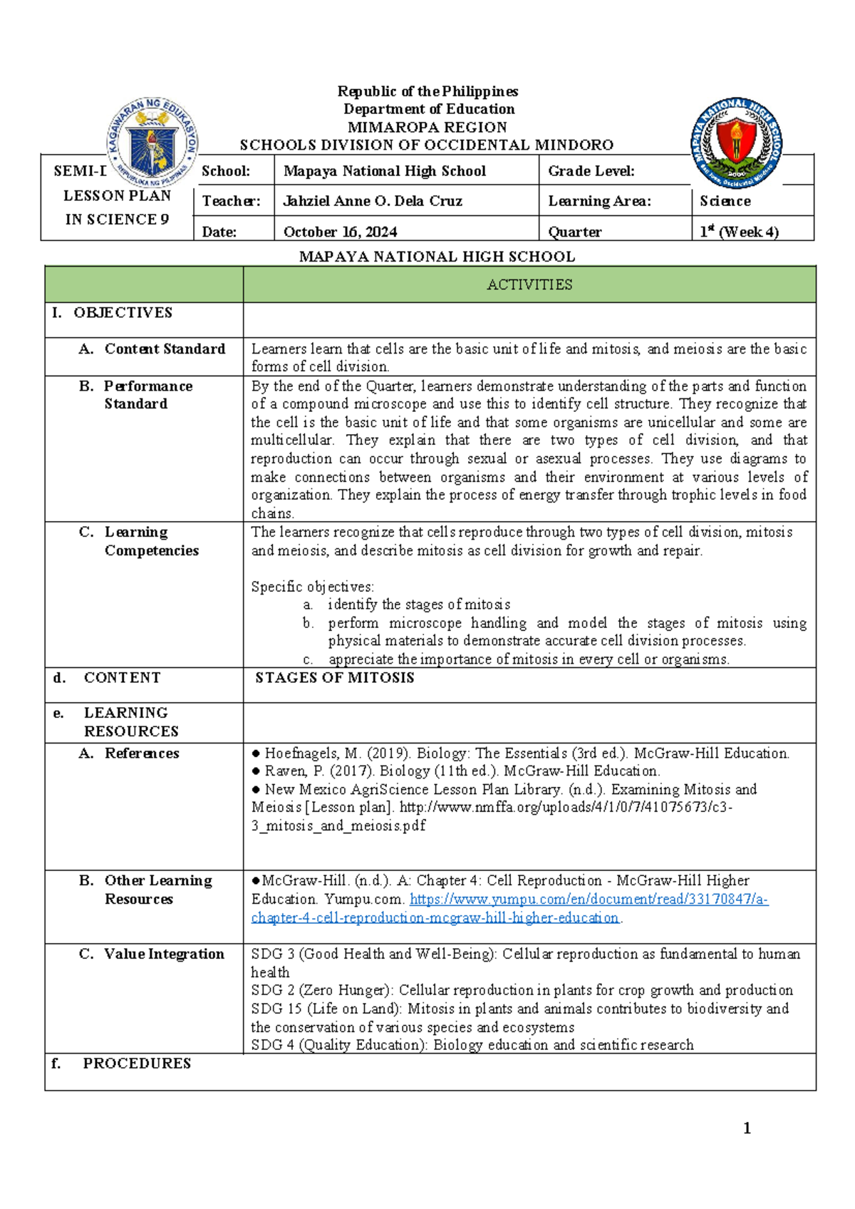 Science 9 Lesson Plan: Understanding Mitosis and Meiosis (Q1, Week 4 ...