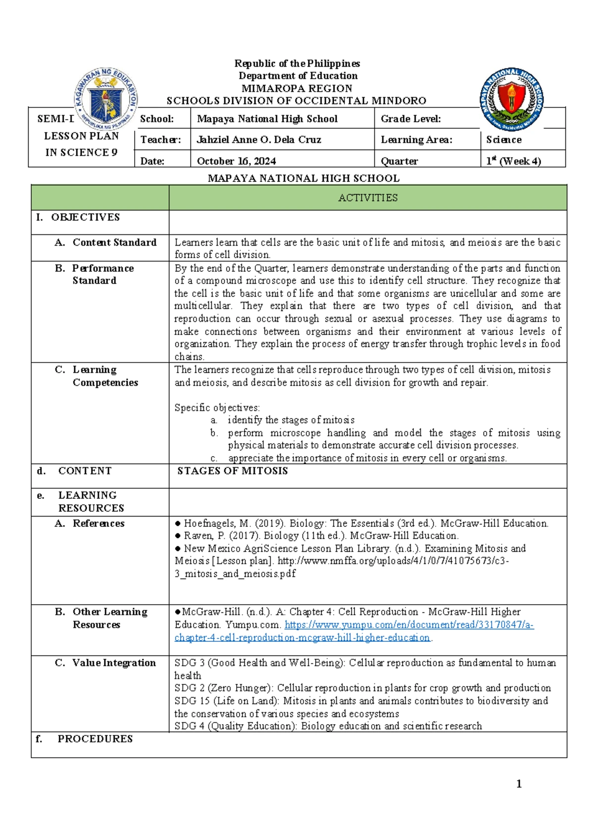 CO1 - Semi-Detailed Lesson Plan in Science 9: Mitosis & Meiosis - Studocu