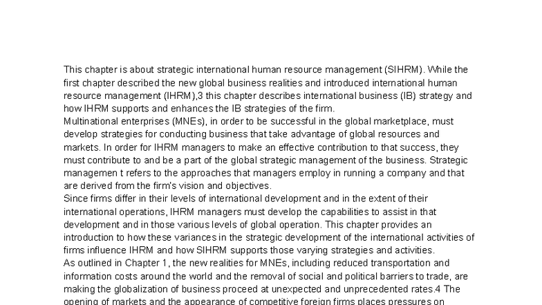 SIHRM and MNE Business Strategy Integration: An Overview - Studocu