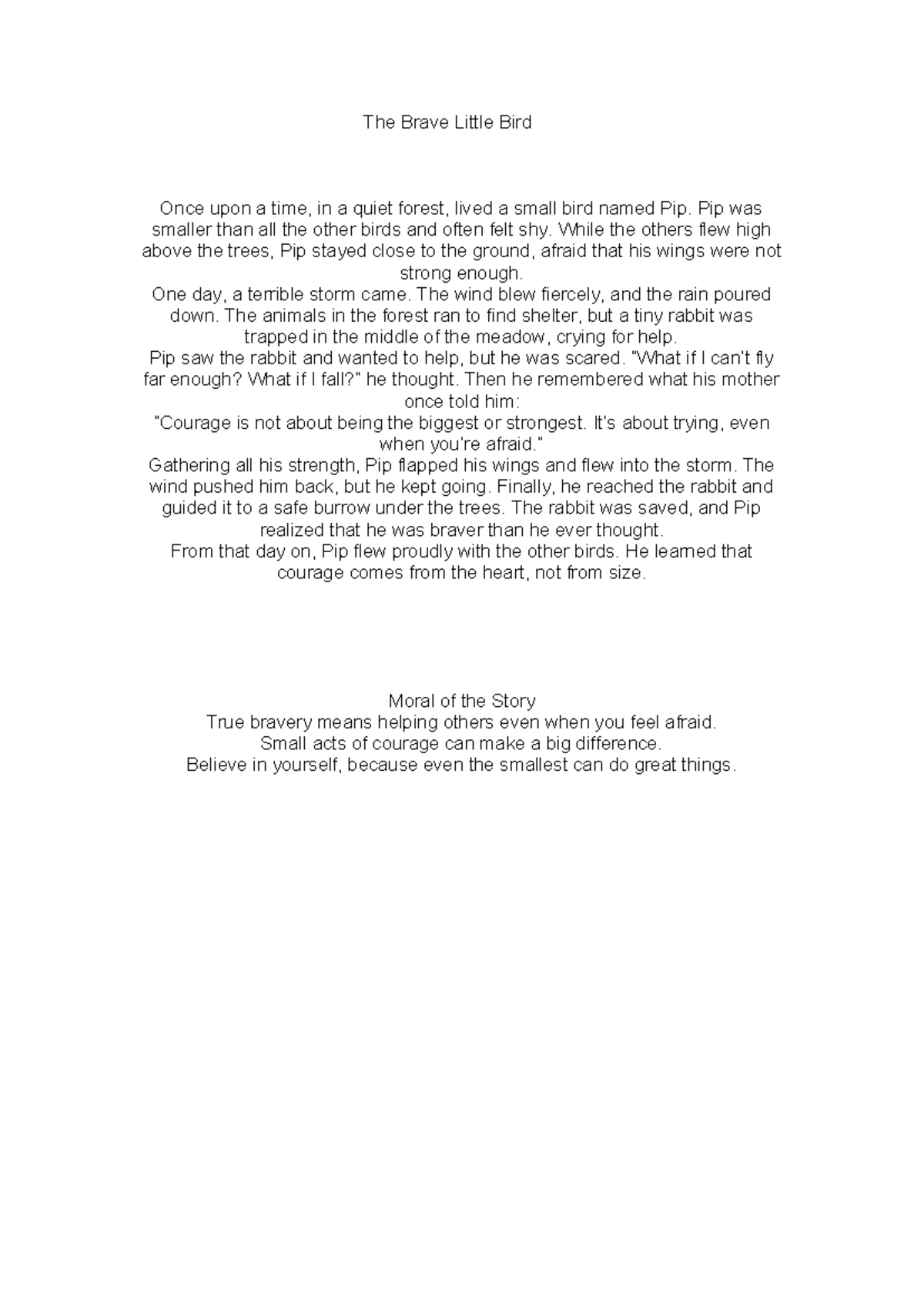 The Brave Little Bird: An English Short Story - NJJ - Studocu