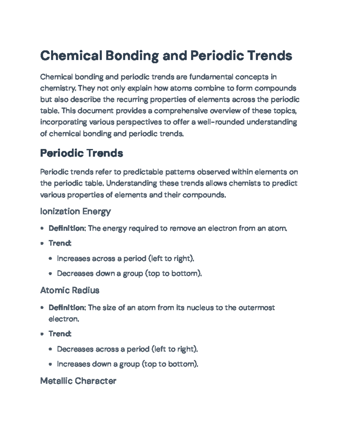 Chemical Bonding and Periodic Trends Overview for Chemistry Course ...
