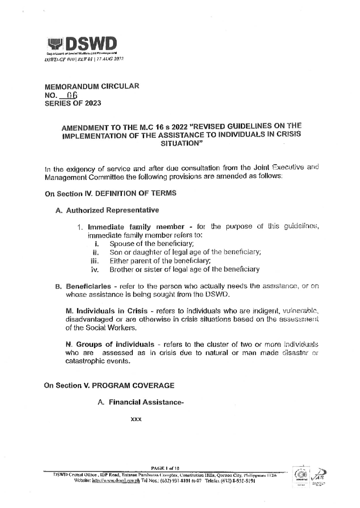 Memorandum Circular No. 06 Series of 2023 - DSWD Guidelines Update ...