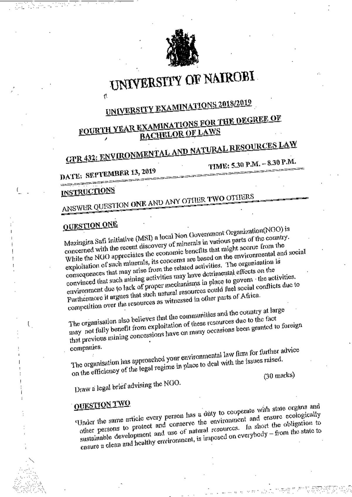 GPR 432: Environmental and Natural Resources Law Exam Question Bank ...