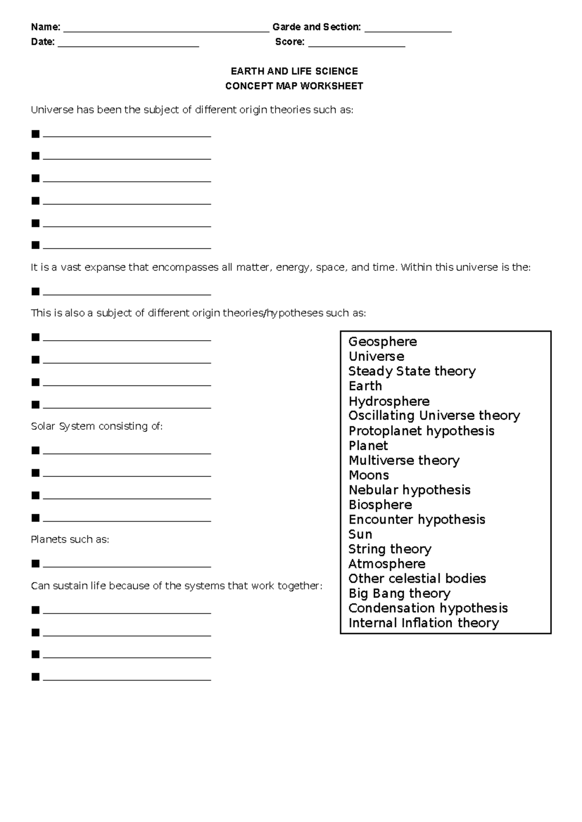 EARTH AND LIFE SCIENCE: Concept Map Worksheet Activity 2 - Studocu