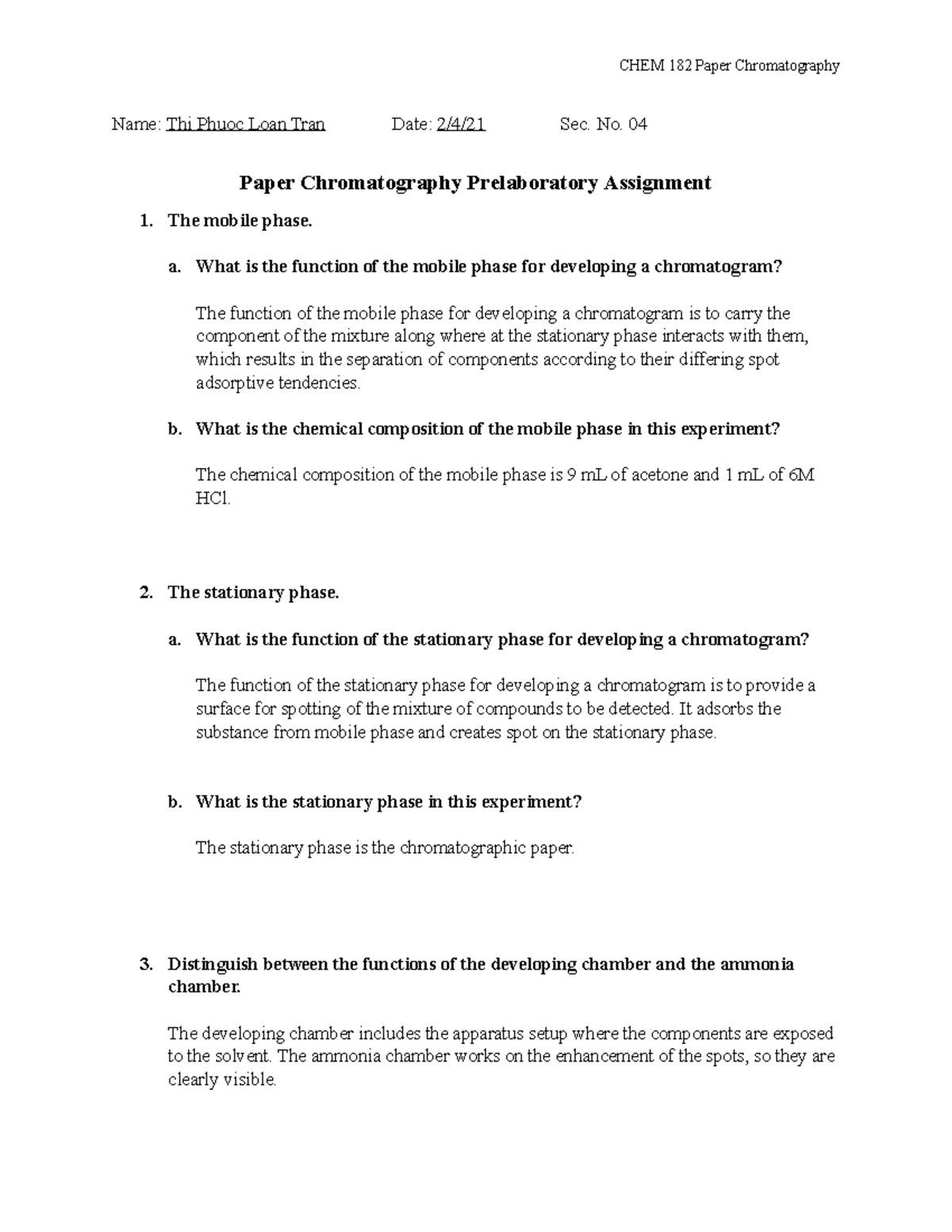 CHEM 182 Paper Chromatography Prelab Assignment Overview - Studocu