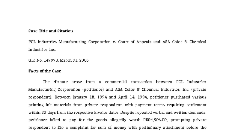 Case Study: PCL Industries v. ASA Color Chemical (G.R. No. 147970 ...