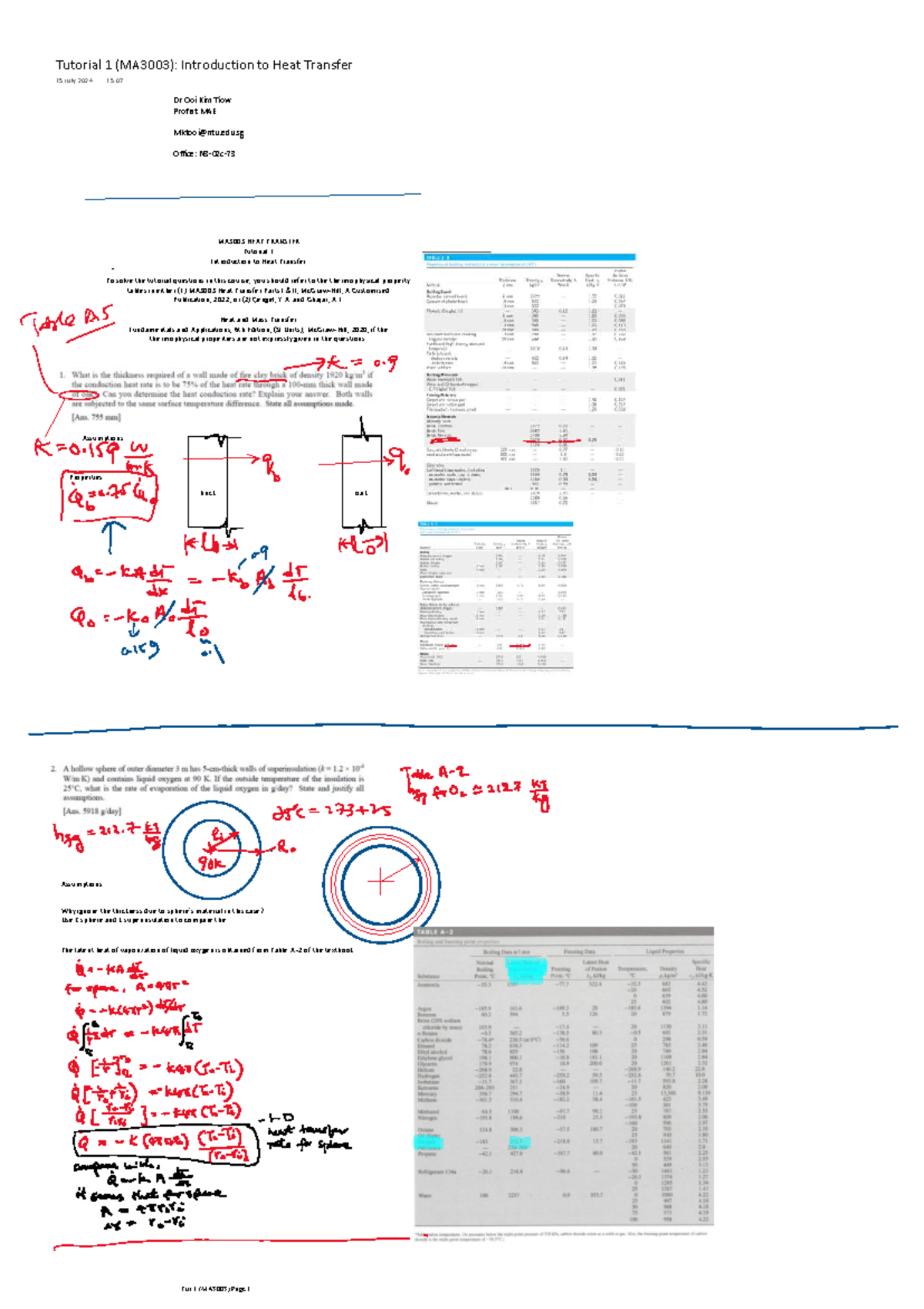 Tutorial 1 (MA3003): Guide to Heat Transfer Concepts and Solutions ...