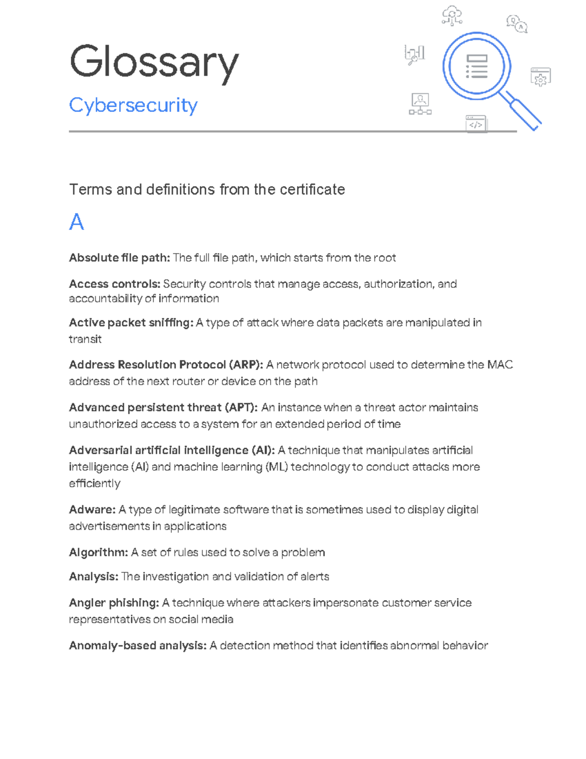 Google Cybersecurity Certificate Glossary of Terms and Definitions ...
