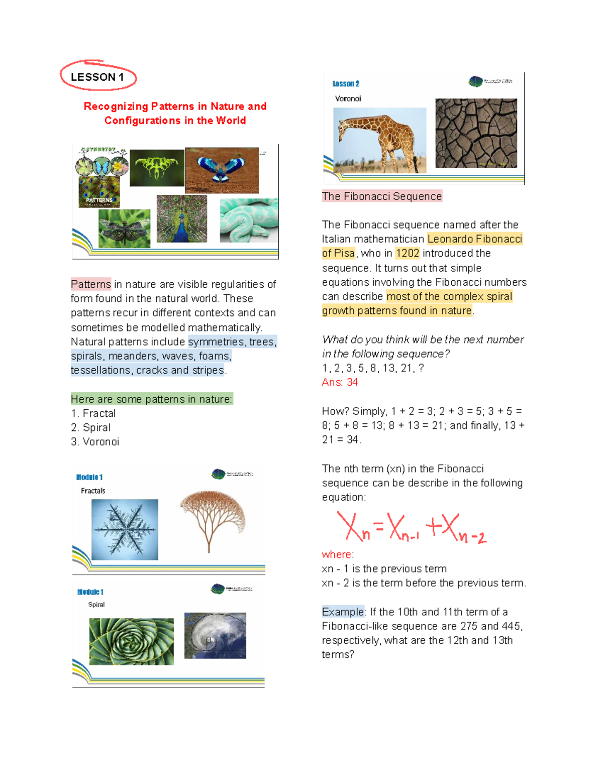 MAT 152 - MAT - LESSON 1 Recognizing Patterns in Nature and Configurations in the World Patterns ...