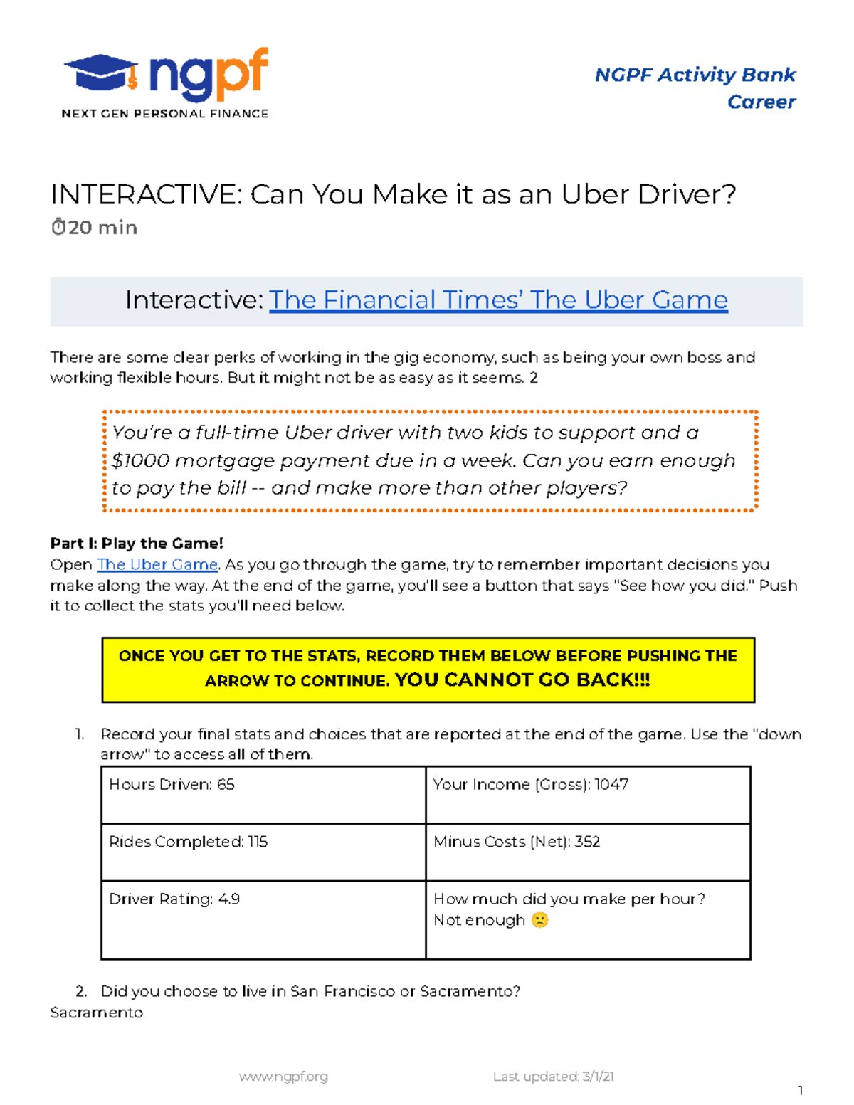 NGPF Activity Bank: Interactive Uber Driver Game Reflection - Studocu
