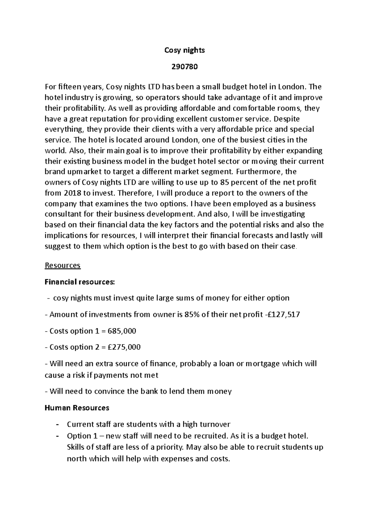 Cosy Nights LTD Business Development Report [42]: Options Analysis ...