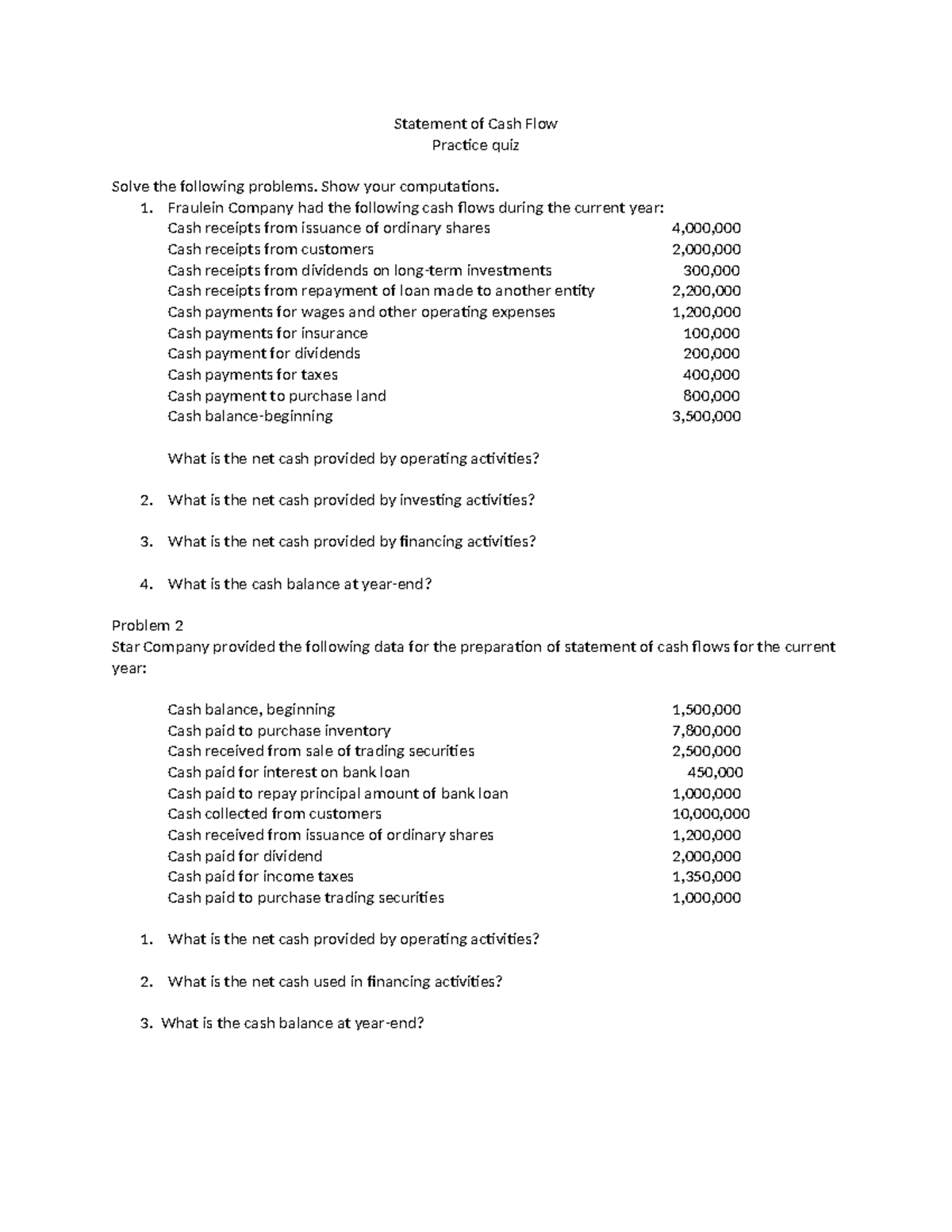 Practice Quiz: Statement of Cash Flows (FIN 101) - Studocu