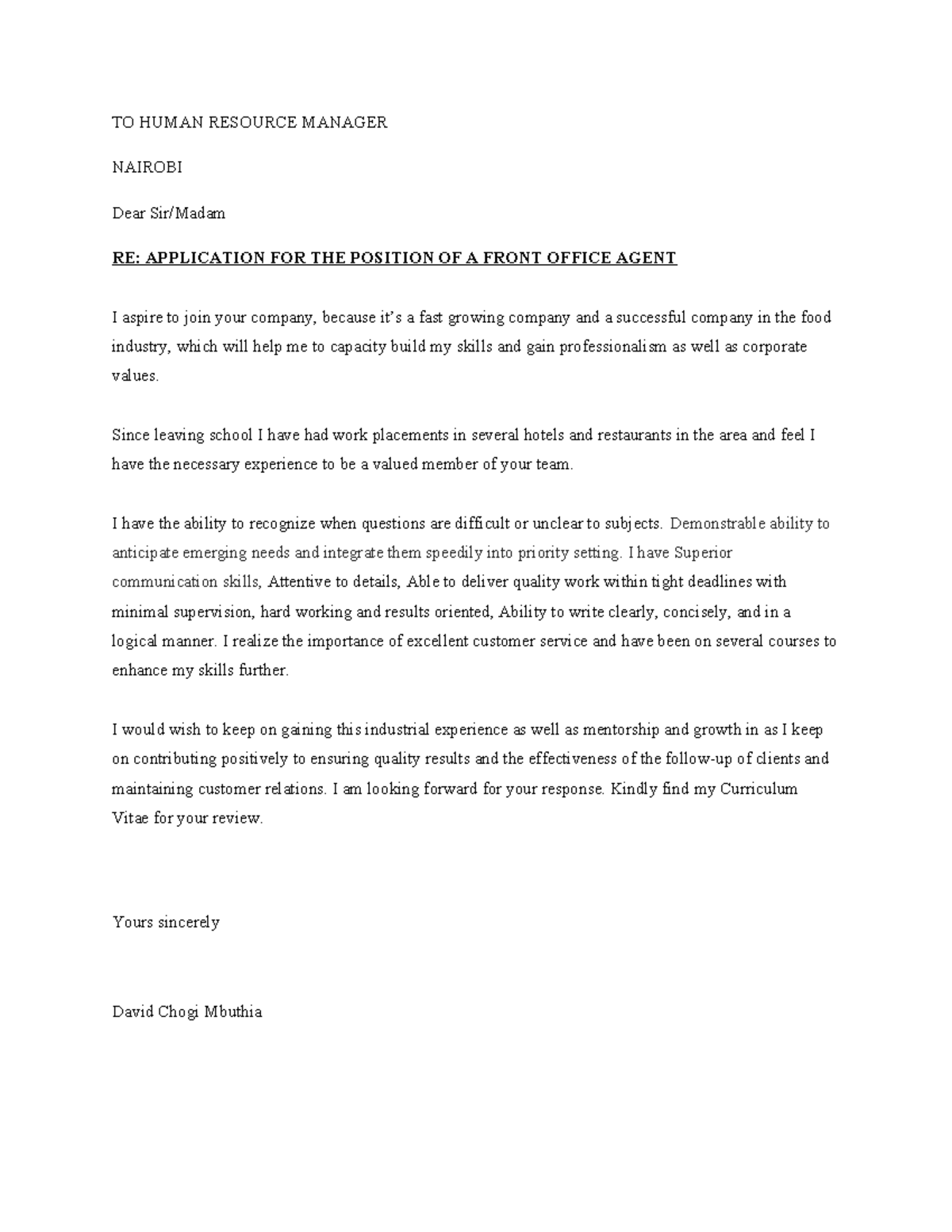 David Chogi cover letter - TO HUMAN RESOURCE MANAGER NAIROBI Dear Sir ...