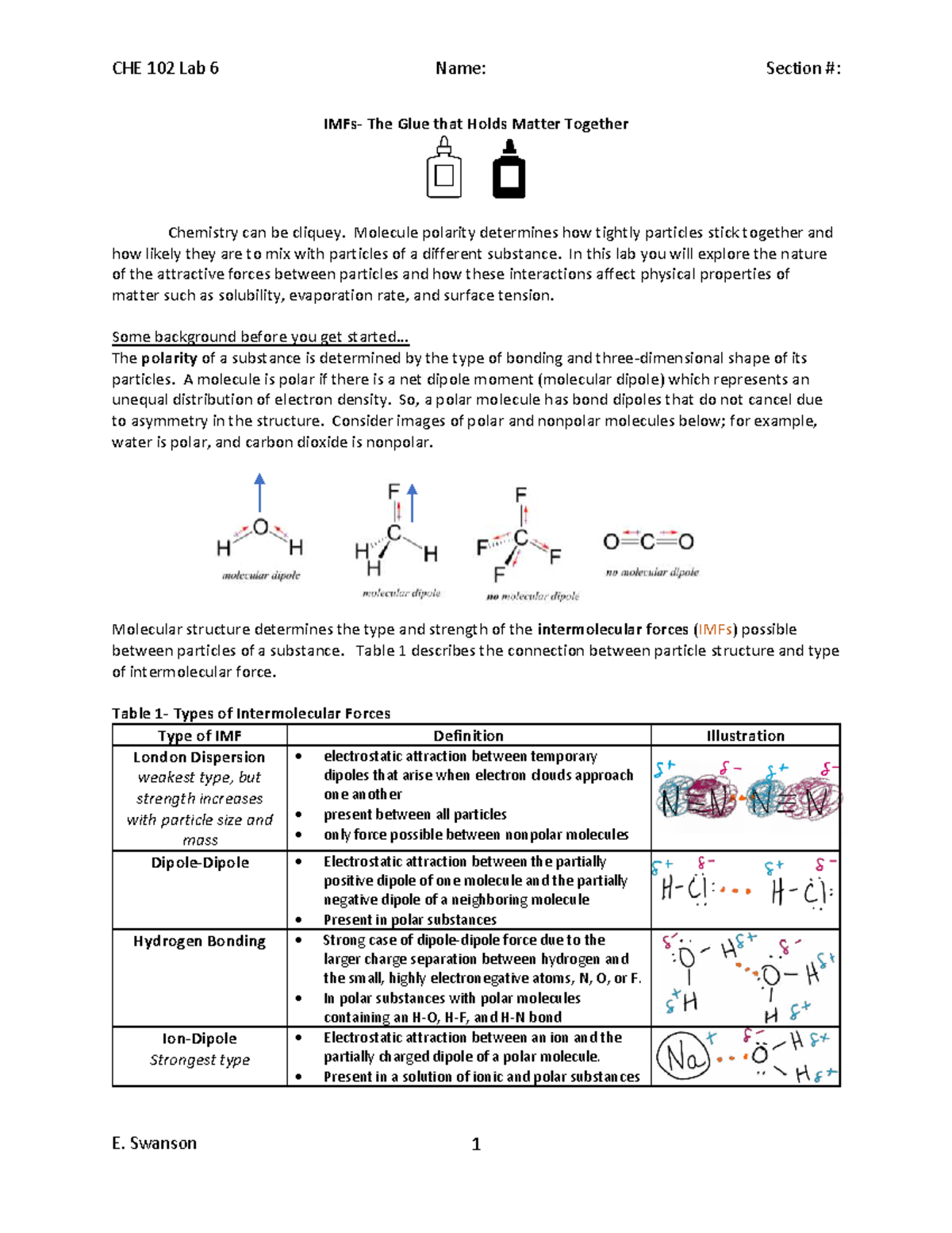 CHE 102 Lab 6: Investigating Intermolecular Forces and Polarity - Studocu