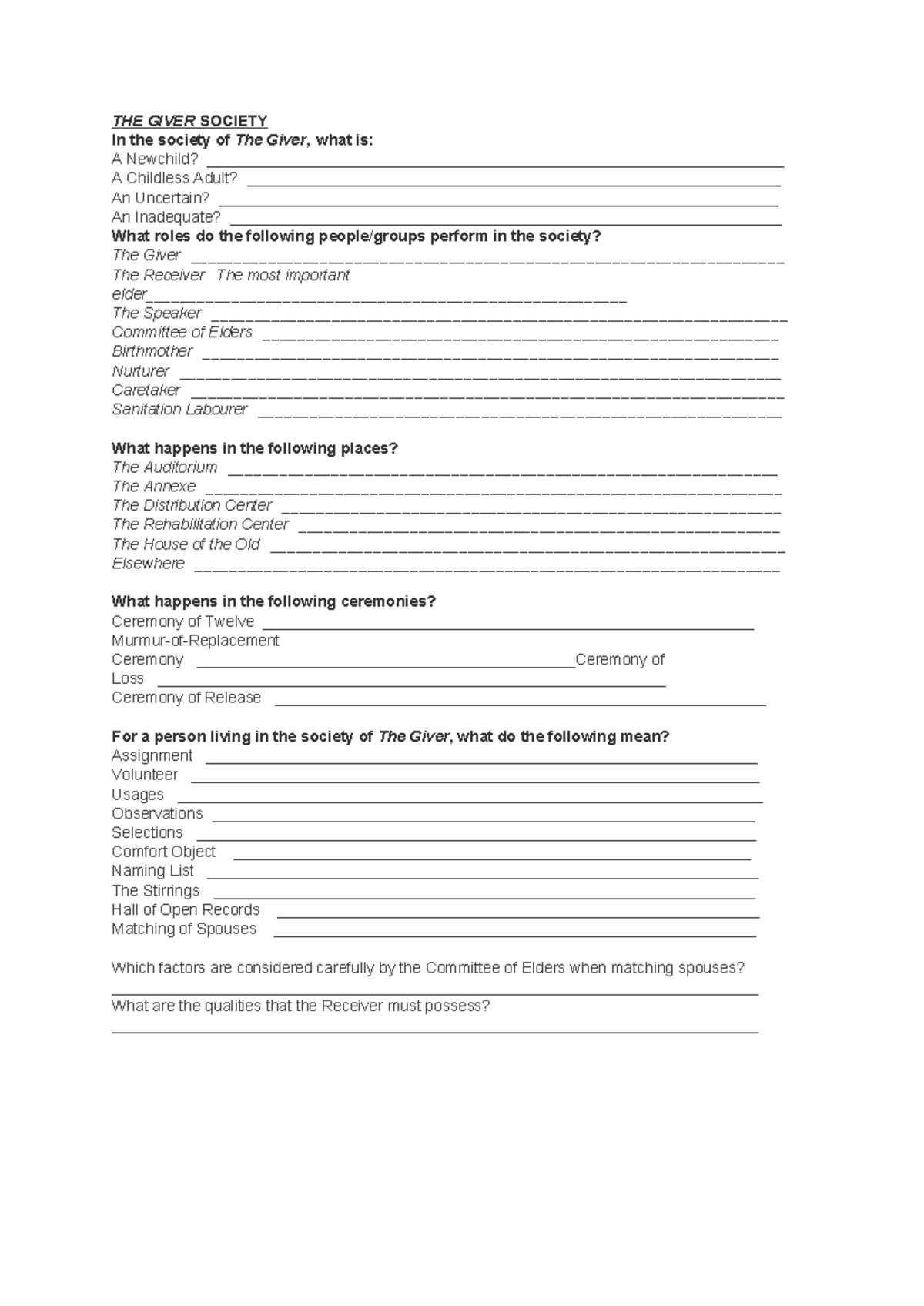 THE Giver ENG - Study Notes on Society and Roles - Studocu