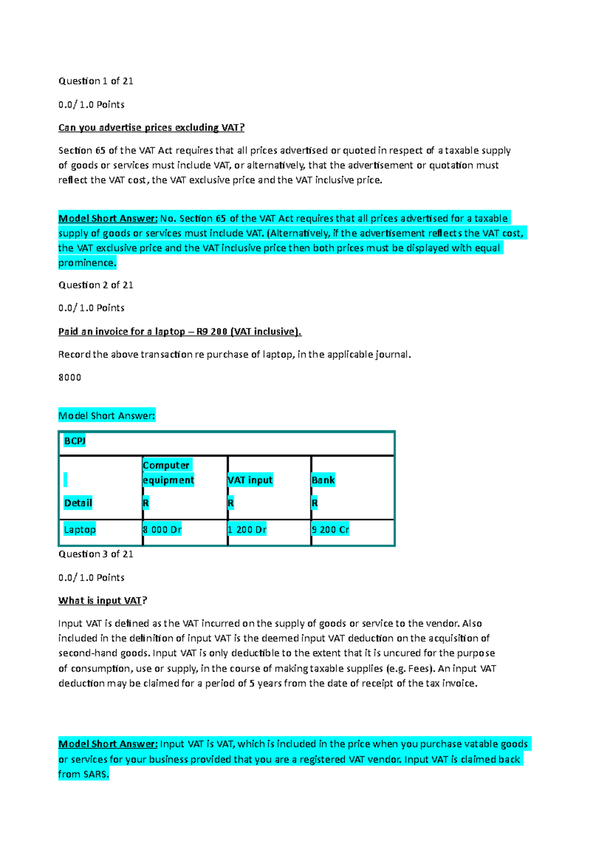 LU 3 - VAT - Questions and Answers. - Question 1 of 21 0/ 1 Points Can ...