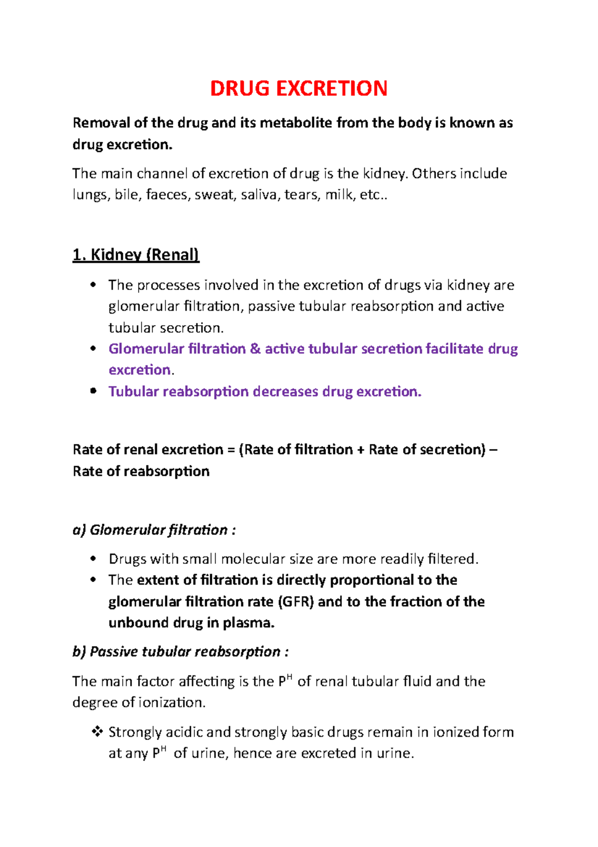 DRUG Excretion - Lecture Notes on Renal and Other Processes - Studocu