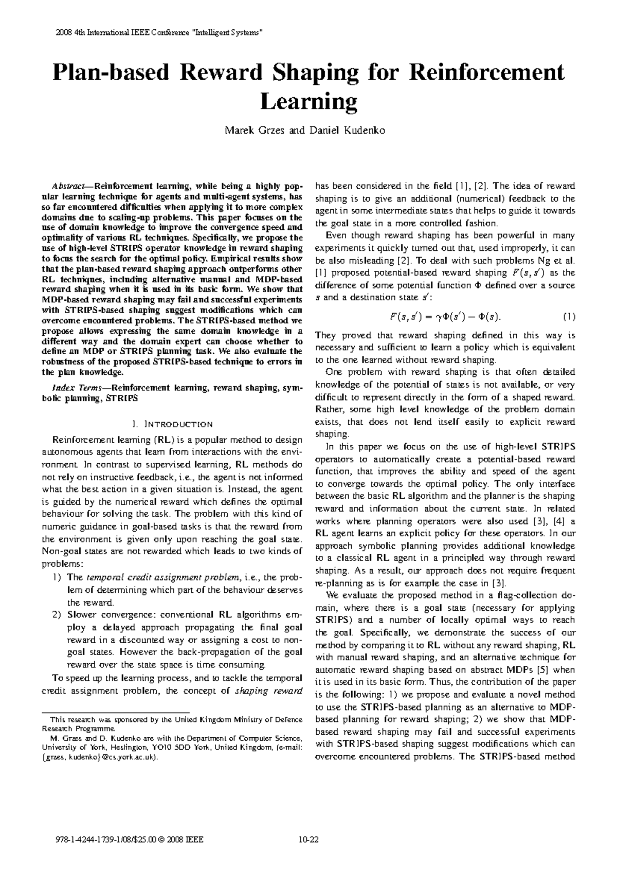 Plan-Based Reward Shaping for Reinforcement Learning (2008) - Studocu