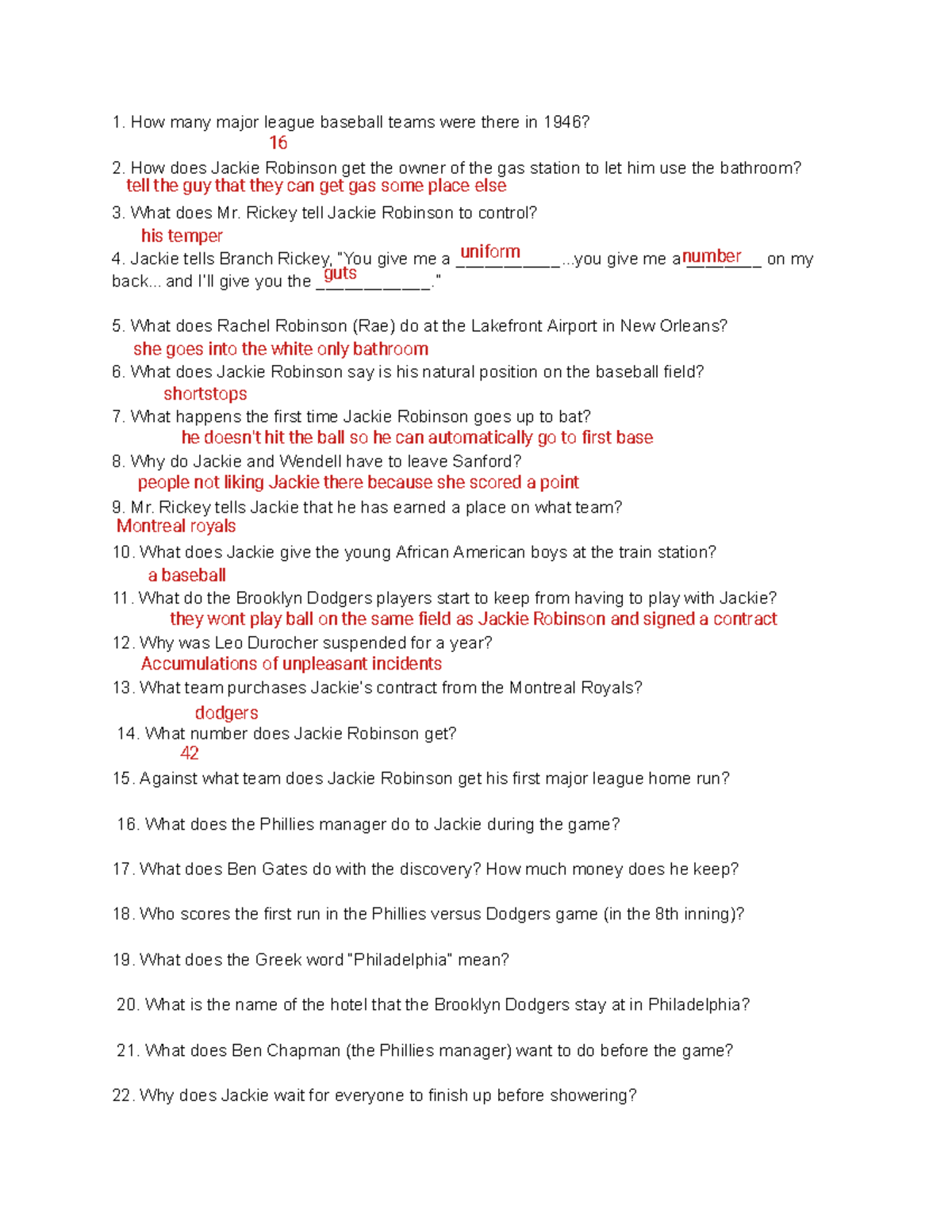Jackie Robinson Movie Guide: Key Questions & Insights - Studocu