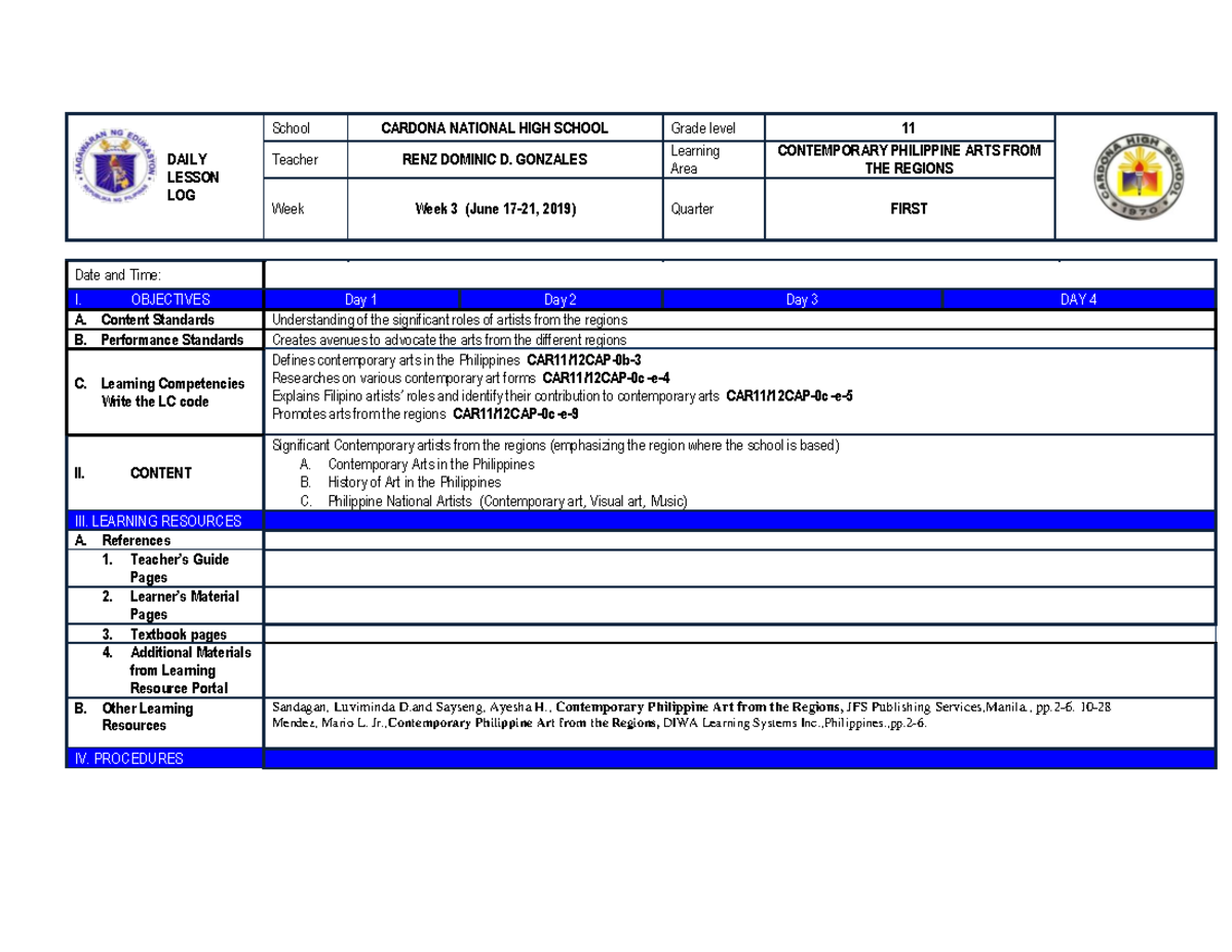 DAILY LESSON LOG: Week 3 - Contemporary Philippine Arts (Grade 11 ...