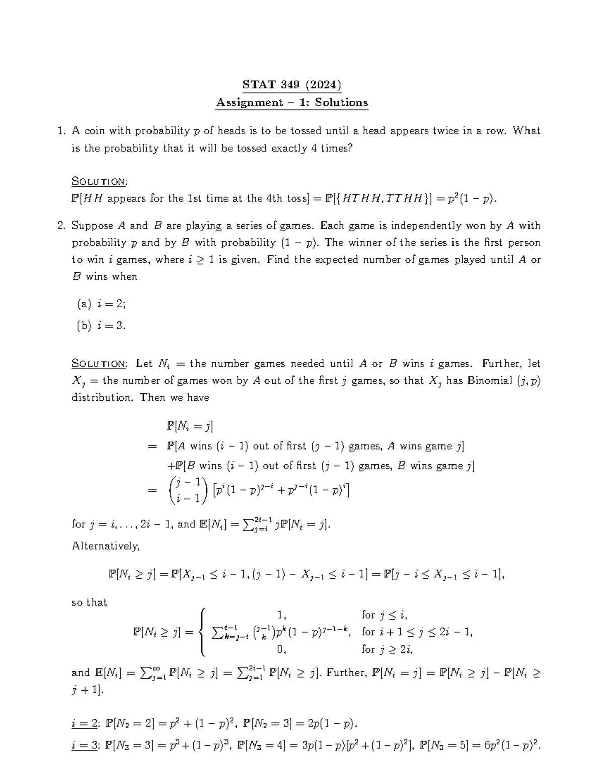 STAT 349 (2024) Assignment 1: Detailed Solutions and Analysis - Studocu
