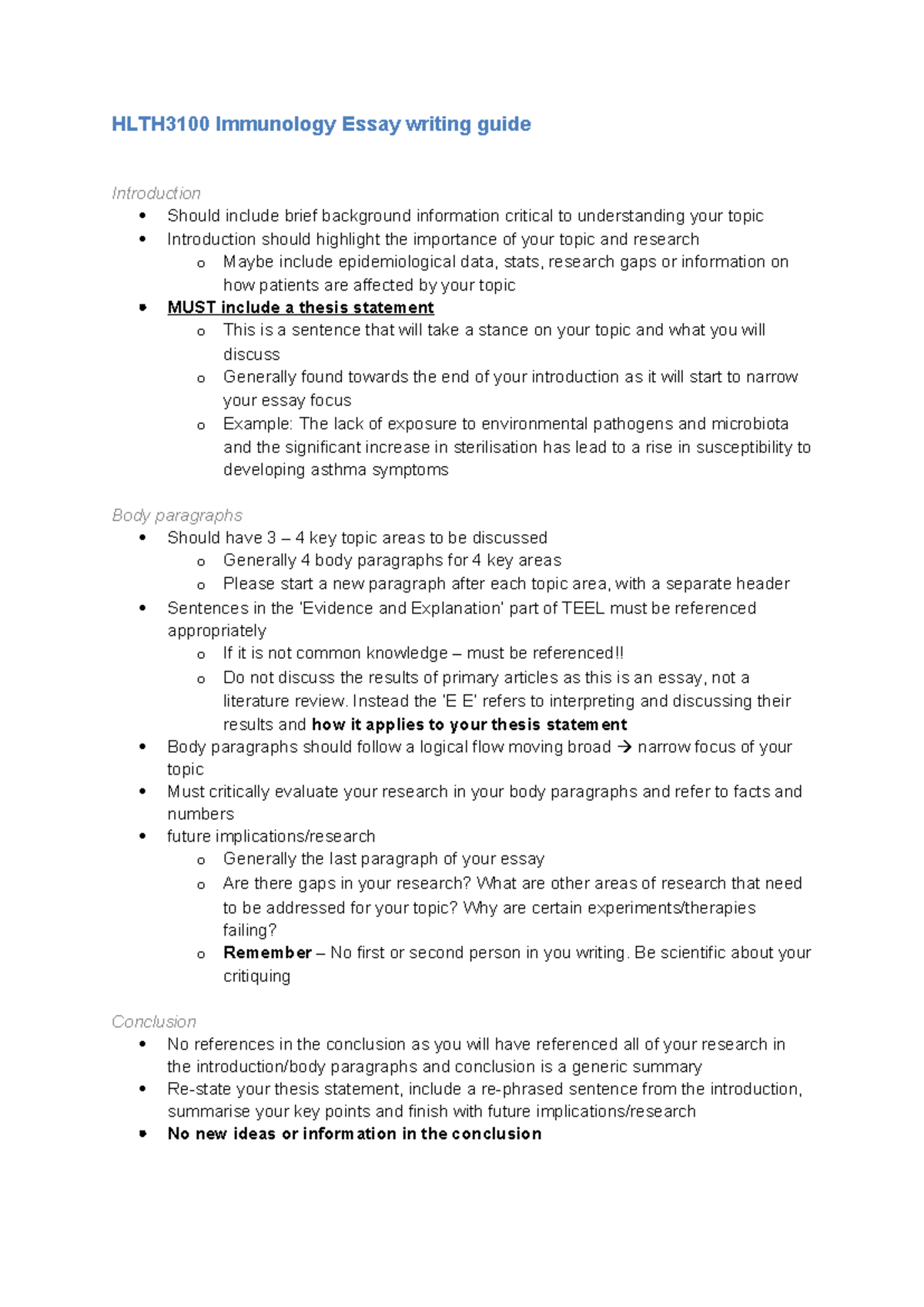 HLTH3100 Immunology Essay Writing Guide: Structure & Tips - Studocu