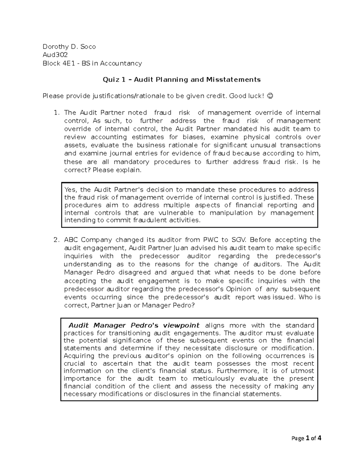 Aud302 Quiz 1: Audit Planning & Misstatements Insights - Studocu