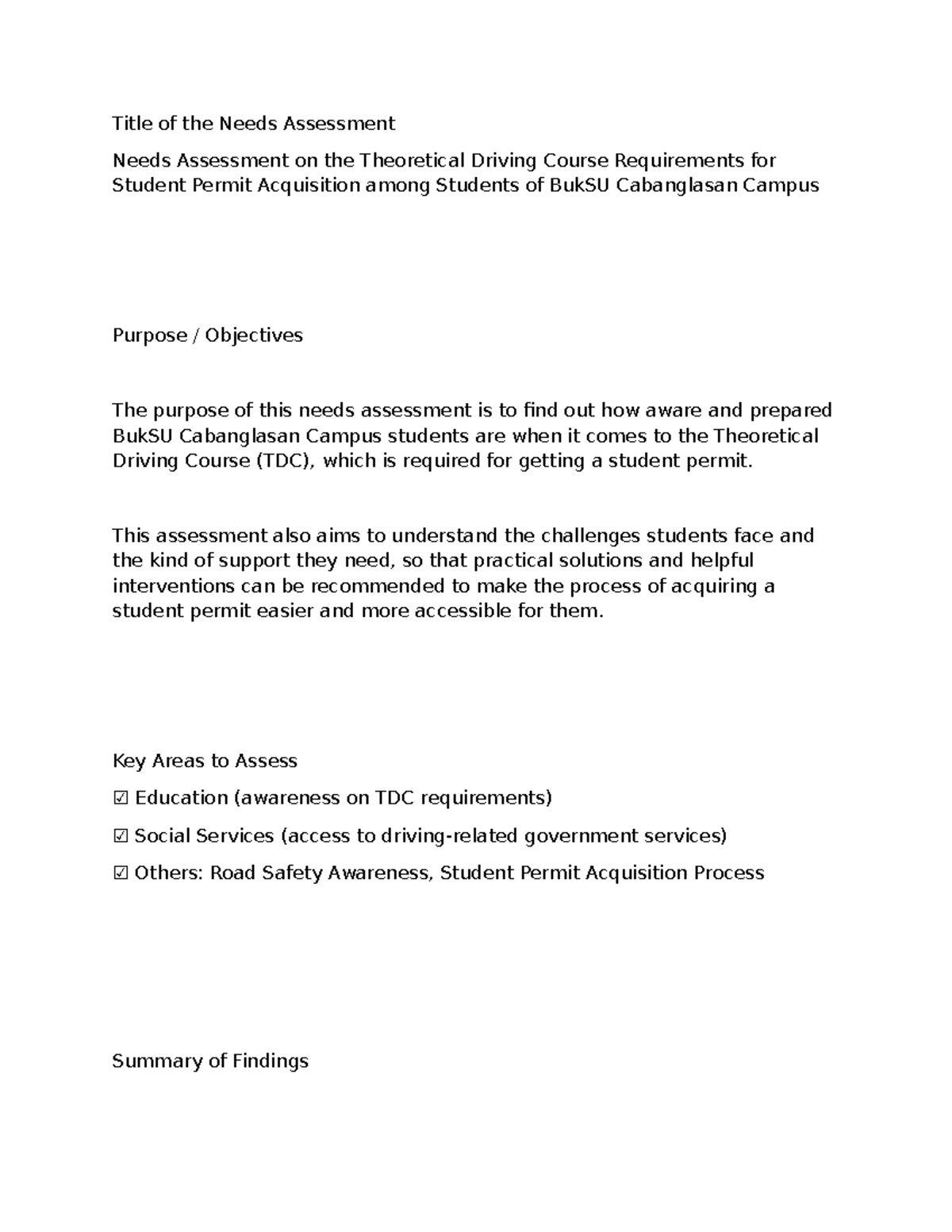 Needs Assessment on TDC Requirements for Student Permit at BukSU - Studocu