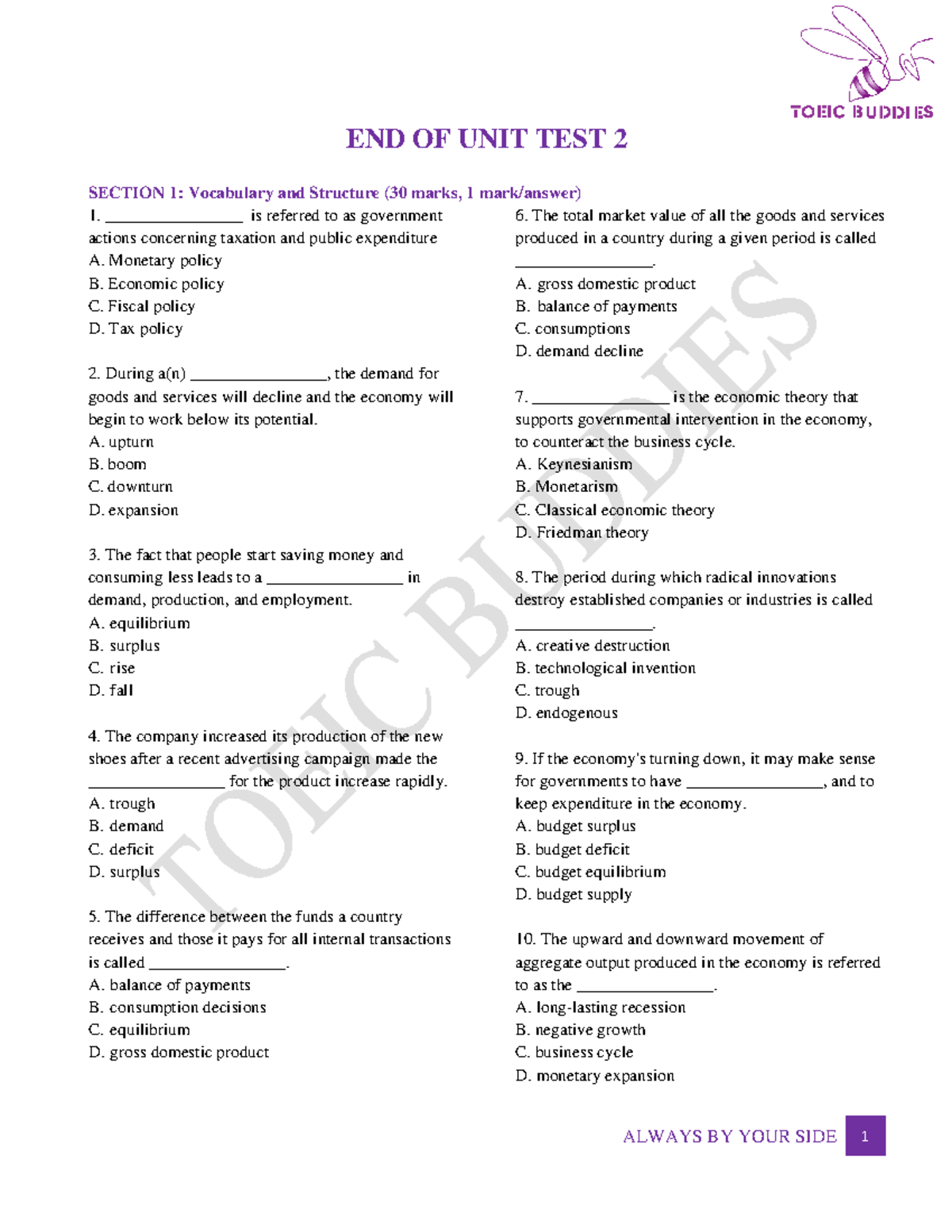END OF UNIT TEST 2 - anh hp4 - END OF UNIT TEST 2 SECTION 1: Vocabulary ...
