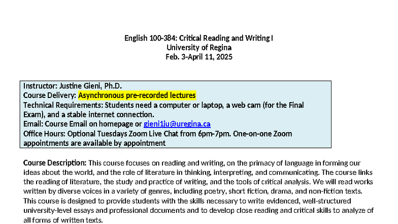 ENGL 100-384 Syllabus: Critical Reading & Writing I - Winter 2025 - Studocu