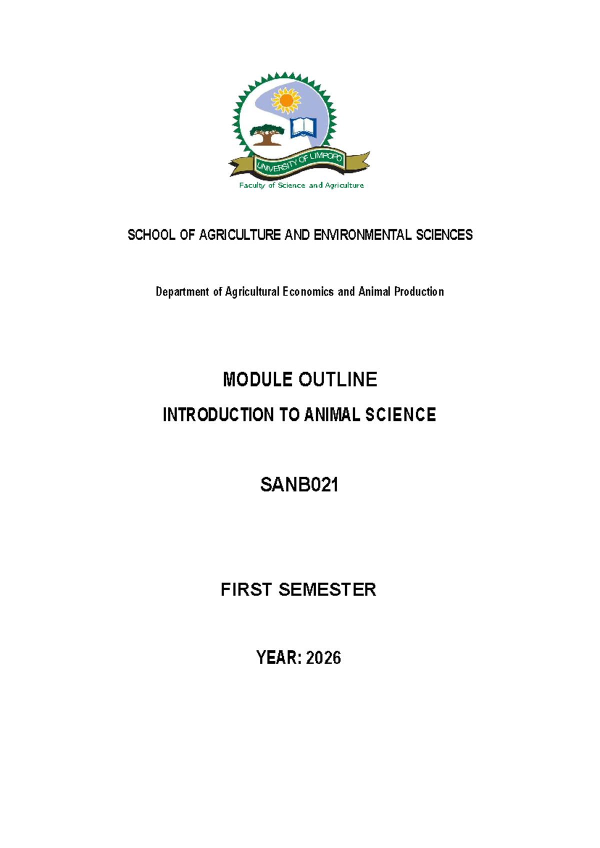 SANB021 Module Outline: Introduction to Animal Science (2026) - Studocu