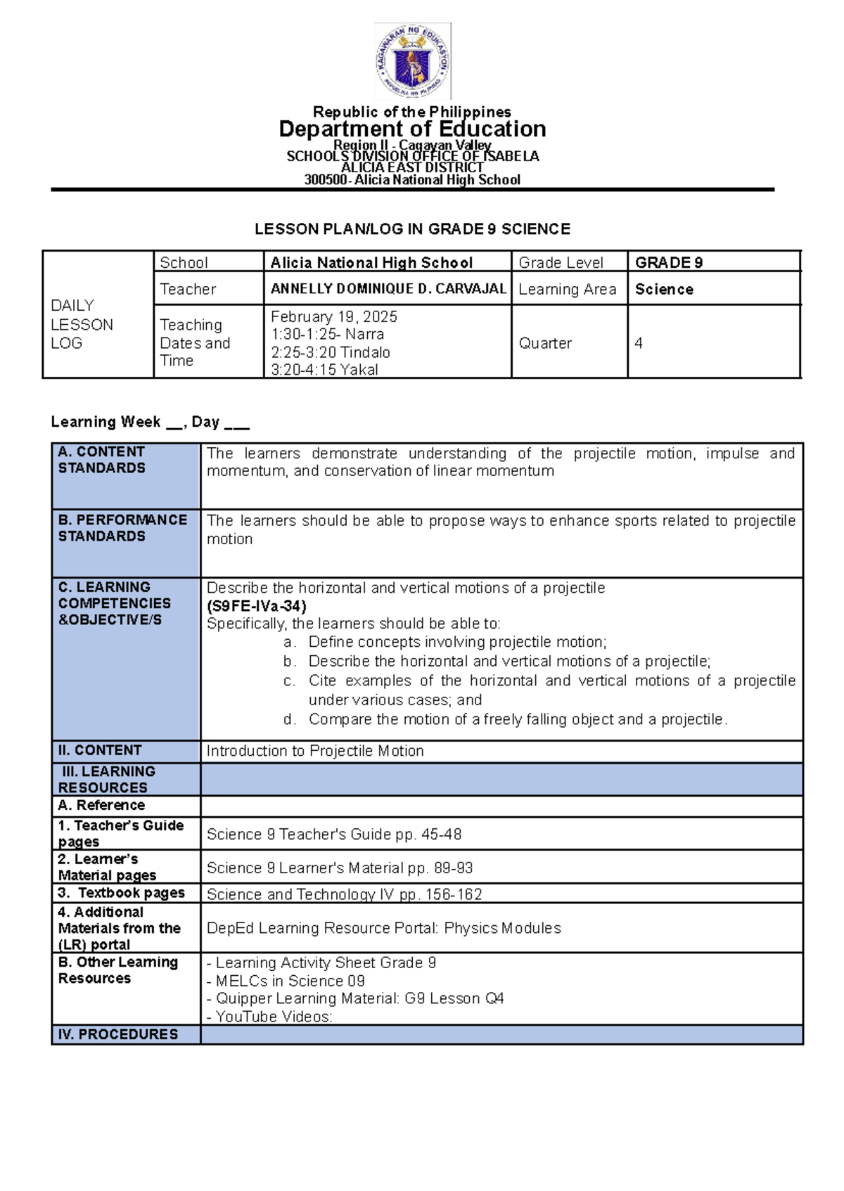 Grade 9 Science Lesson Plan: Introduction to Horizontal Projectile ...