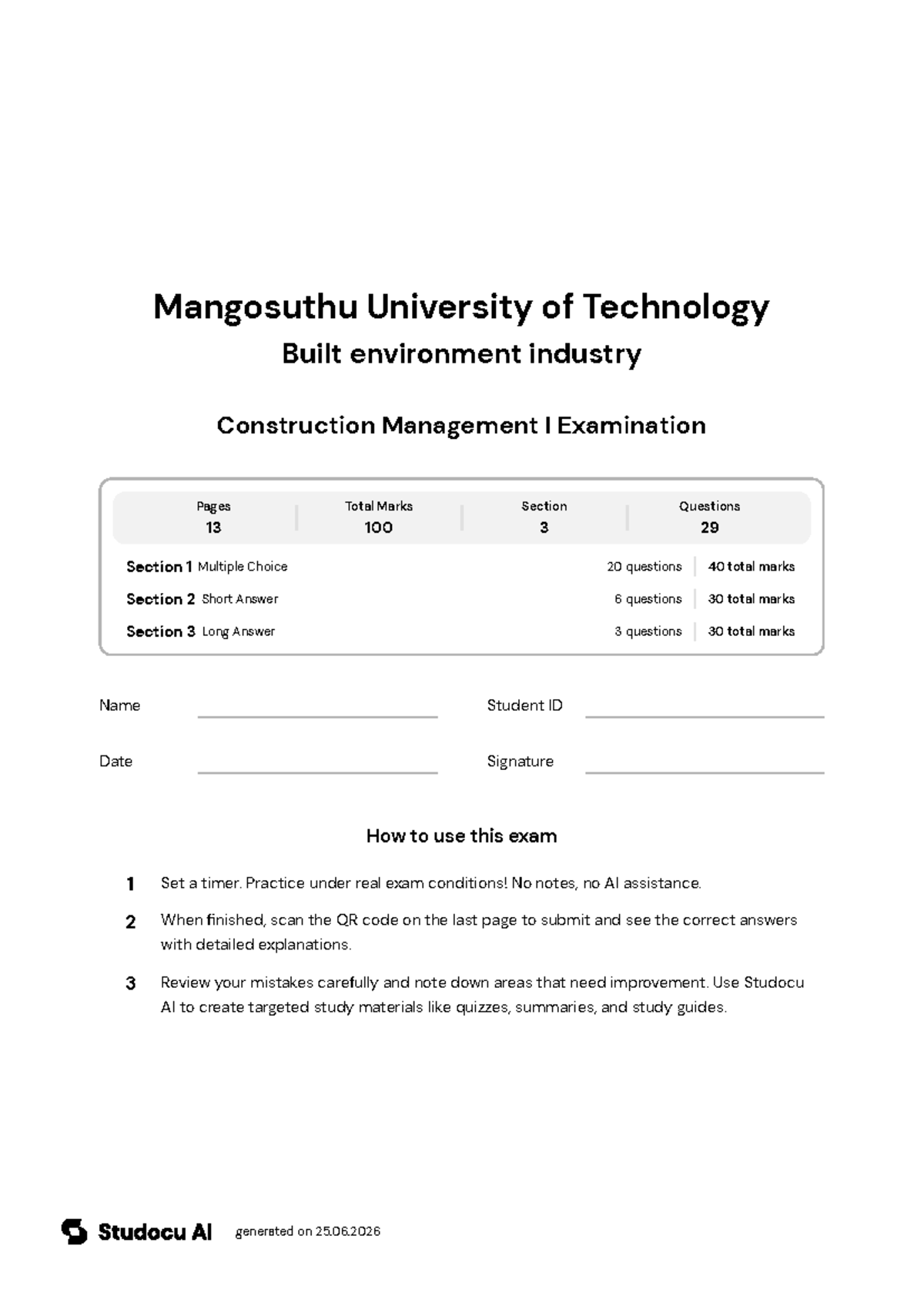 Construction Management I Final Exam - Studocu
