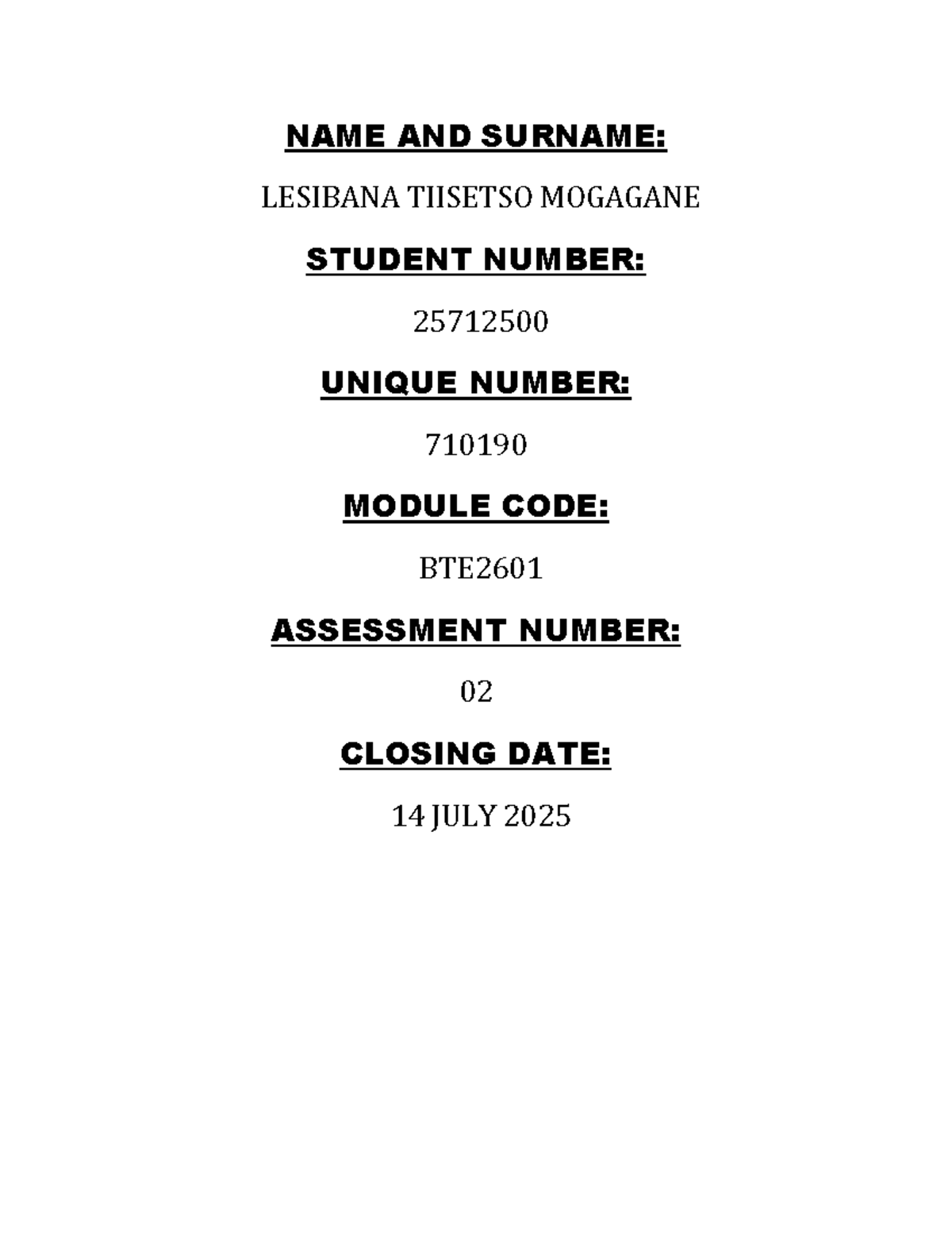 BTE2601 Assignment 2: Student Declaration and Teaching Strategies 2025 - Studocu