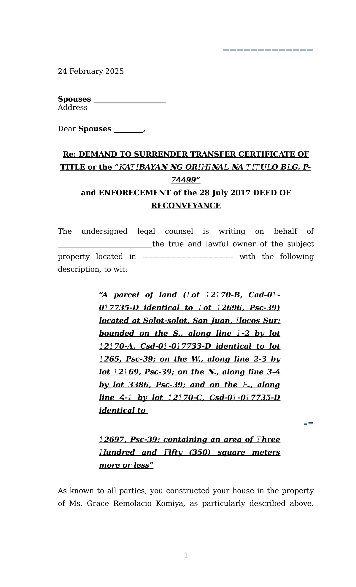 Demand Letter for Surrender of TCT and Reconveyance - Legal Notice ...