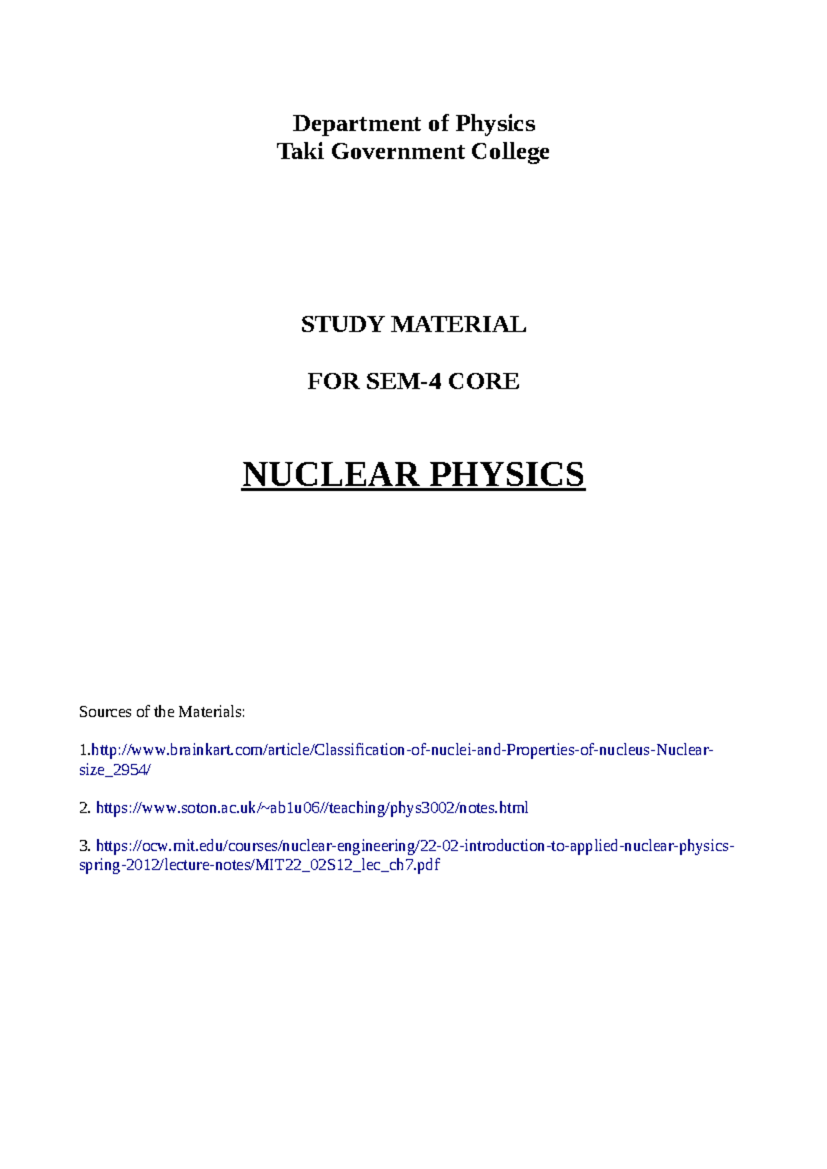 Nuclear Physics Study Material for Core Course (PHYS 101) - Studocu