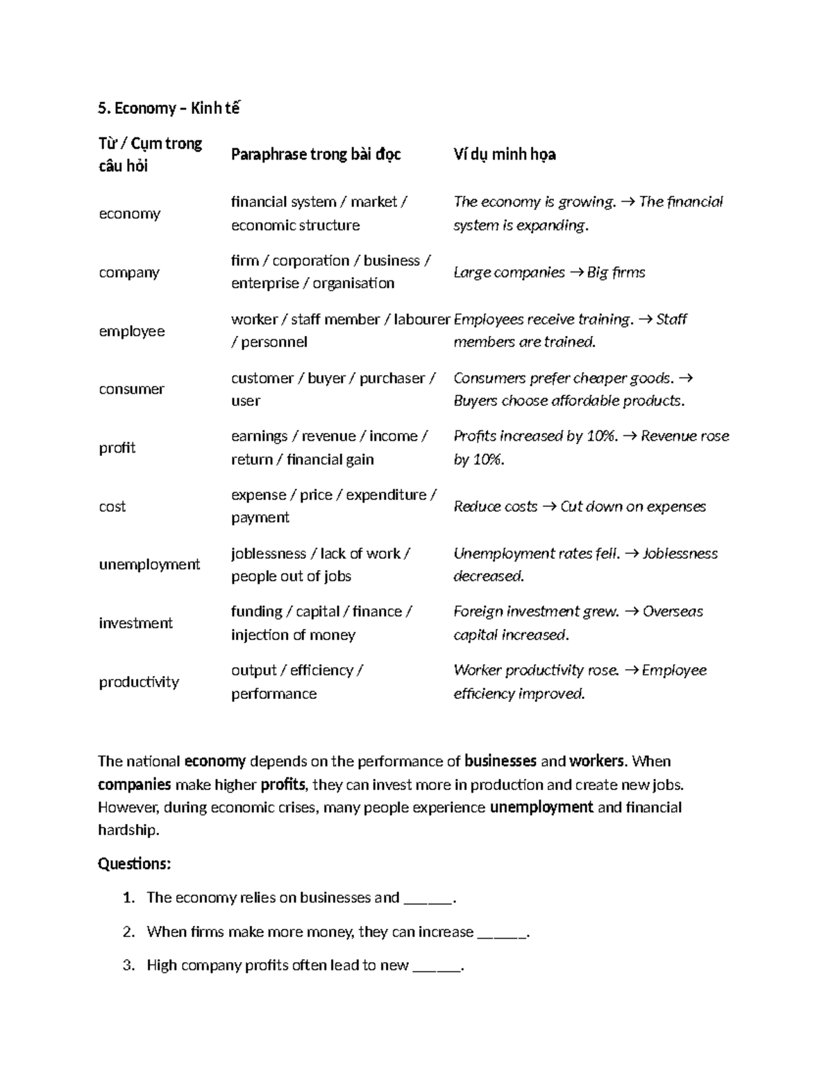 5. Economy - Kinh tế - Paraphrase Examples and Key Terms - Studocu
