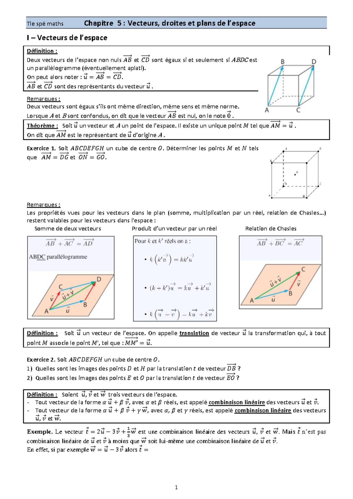 Cours MATH 101 : Chapitre 5 - Vecteurs, Droites et Plans de l'Espace ...